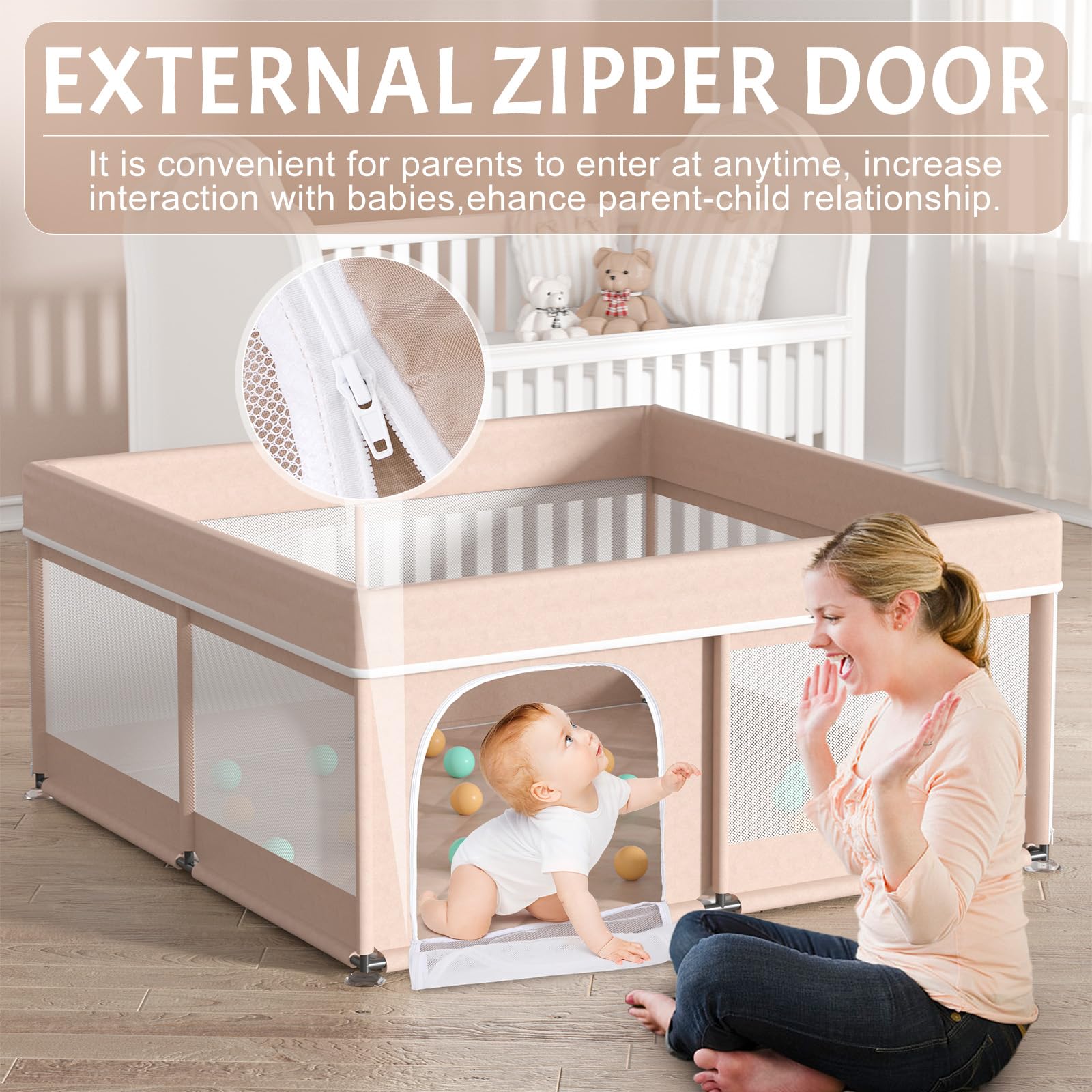 Omzer Baby Playpen with Mat 50x50inch: Large Playpen for Babies and Toddlers Indoor Safety Play Pen with Soft Breathable Mesh - All-Wrapped Sponge Sturdy Play Yard with Stable Mat Magic Sticker Beige