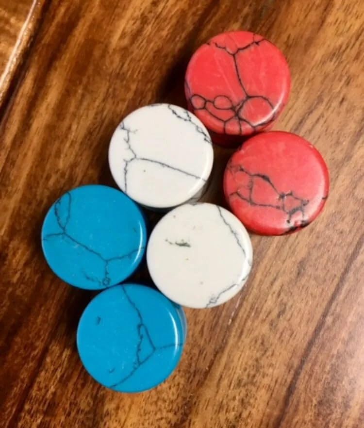 Lobal Domination ALL 3 PAIR Blue & Red Turquoise, White Howlite Stone Plugs Gauges (3/4" (19mm))