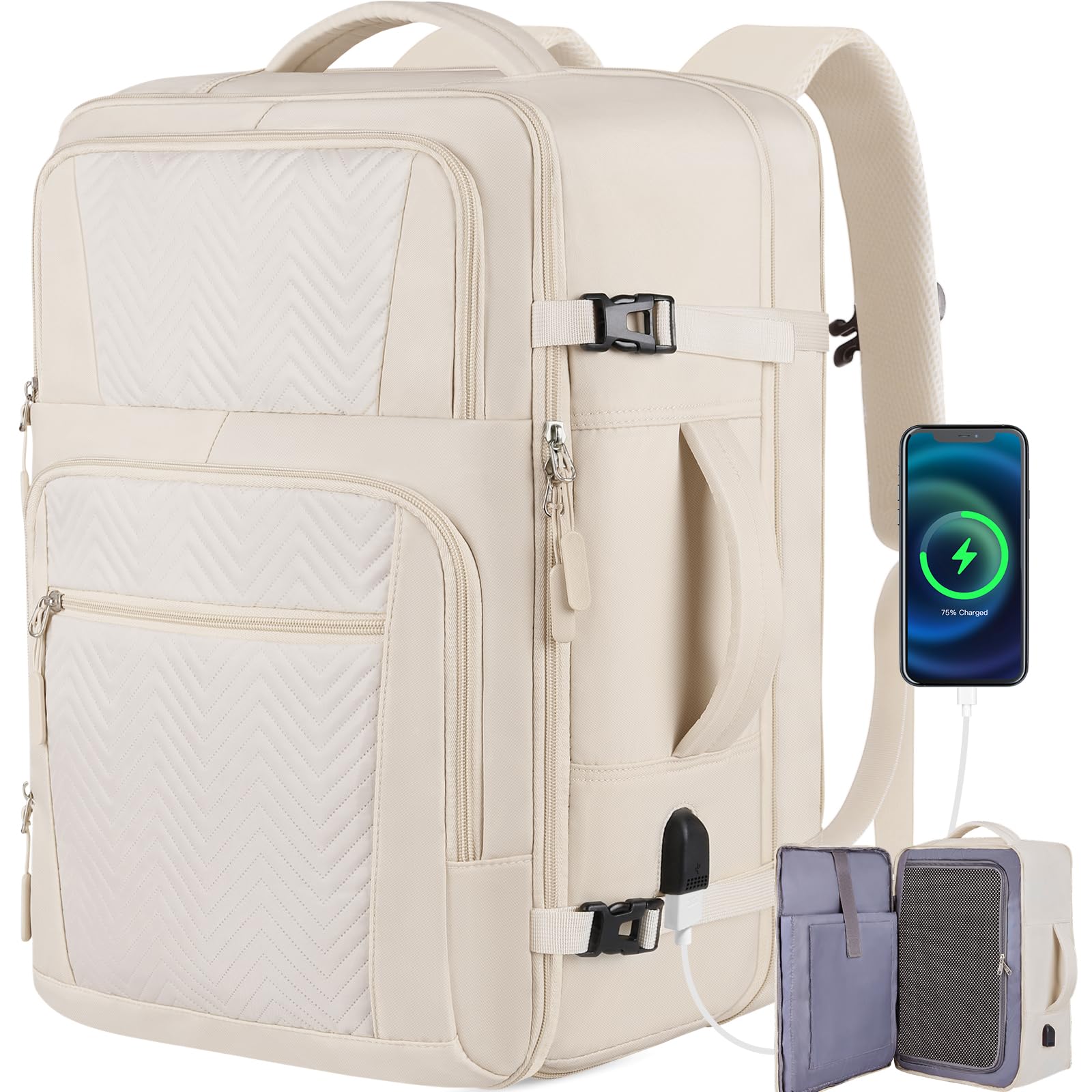 Travel Backpack, Large Backpack for Women, Carry On Backpack Flight Approved, 40-50L Expandable Lightweight Waterproof College Bag Business Casual Daypack Fits 17 Inch Laptop, Gifts for Women, Beige