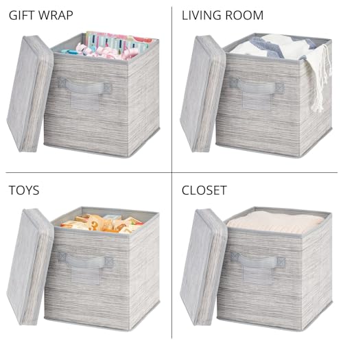 mDesign Square Fabric Christmas Storage Box with Handles - Holiday Decor Storage Bin with Lid and Label Space - Foldable Gift Wrap, Bow Container - Lidded Tote for Kids Room, 2 Pack, Striped Taupe/Tan