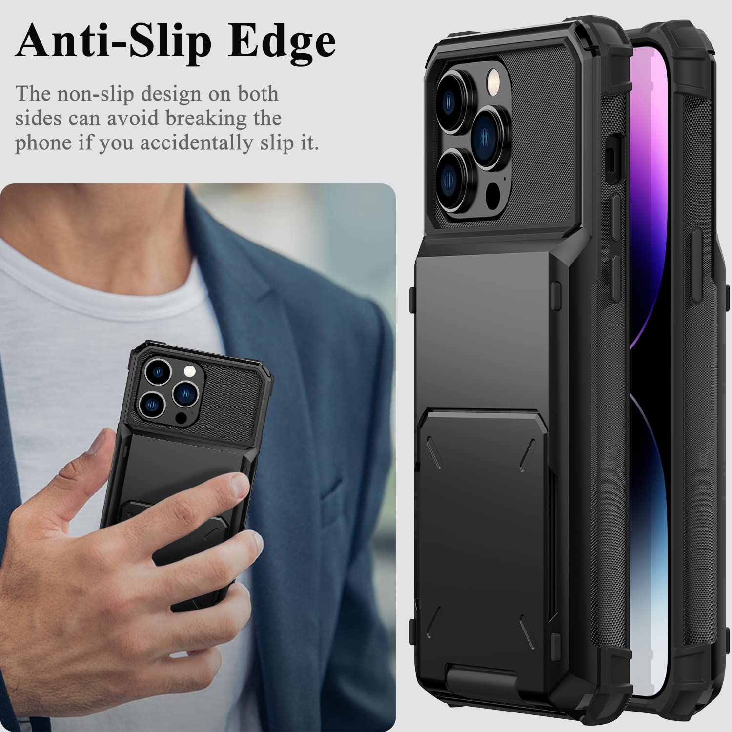 LakiBeibi for iPhone 14 Pro Max Phone Case,Dual Layer Non-Slip iPhone 14 Pro Max Case Wallet with Hidden Card Slot Storage 5 Cards Hard Shell Shockproof Case Flip Case for iPhone 14 Pro Max,Black