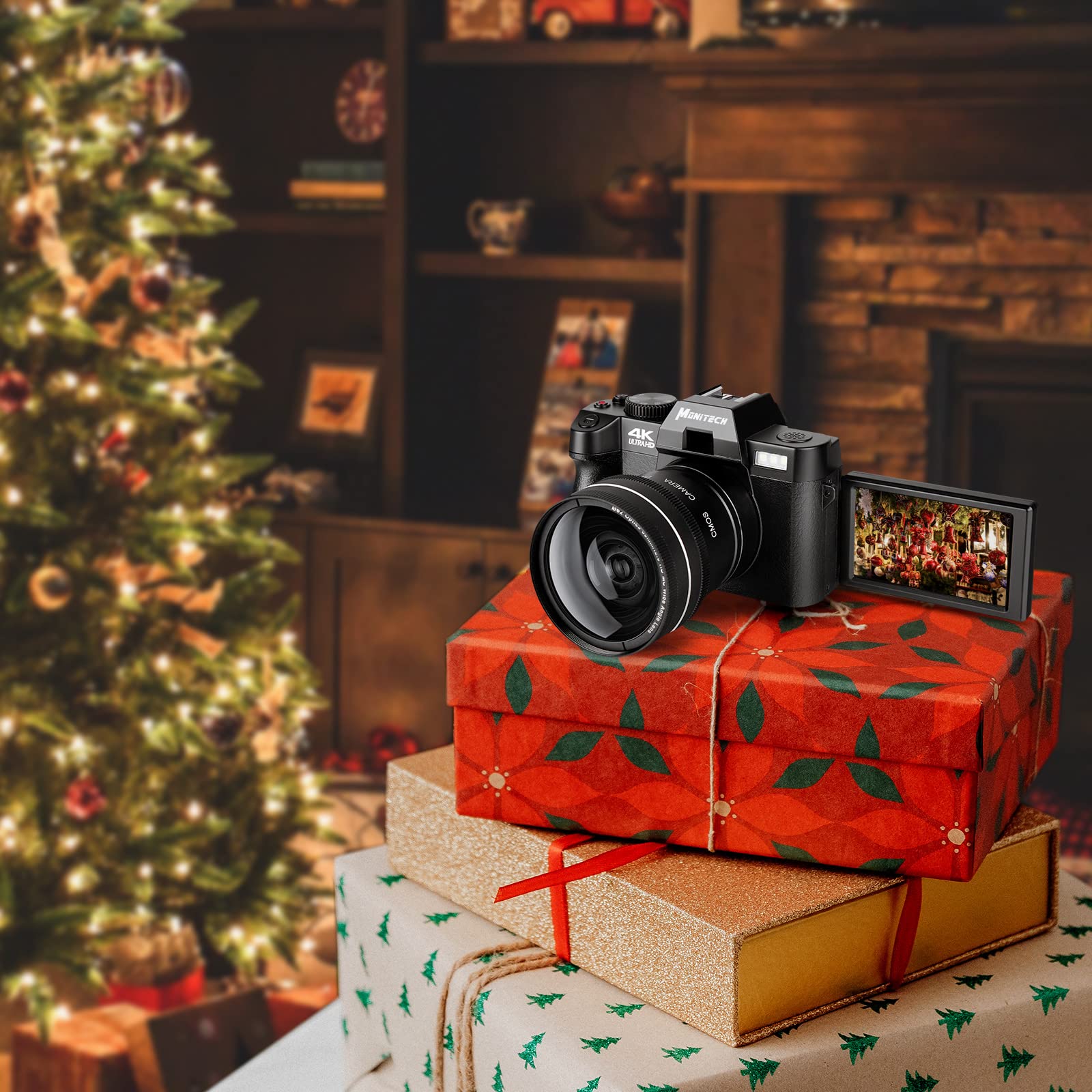 Monitech Digital Camera for Photography and Video,4K 48MP Vlogging Camera for YouTube with 180° Flip Screen,16X Digital Zoom,52mm Wide Angle & Macro Lens, 2 Batteries, 32GB TF Card