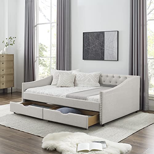 YUNLife Full Size Upholstered Daybed with Two Storage Drawers,Full Polyester Sofa Bed Storage Daybed Frame with Button on Back and Copper Nail on Waved Shape Arms for Bedroom Guest Room
