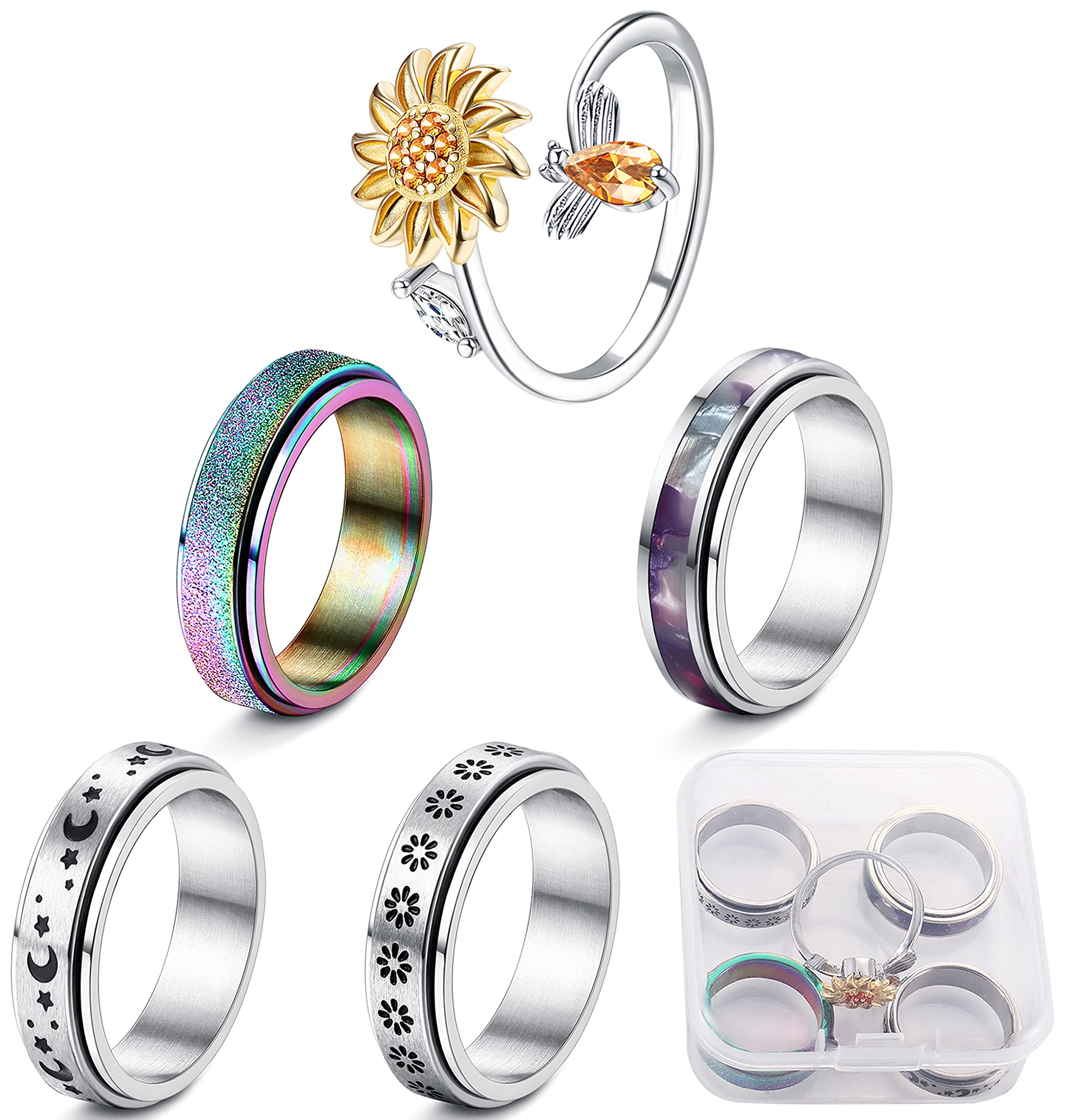 Sanfenly Fidget Rings for Anxiety for Women Anxiety Rings Fidget Spinner Ring Aniexty Stress Relief Ring Set with Clear Box