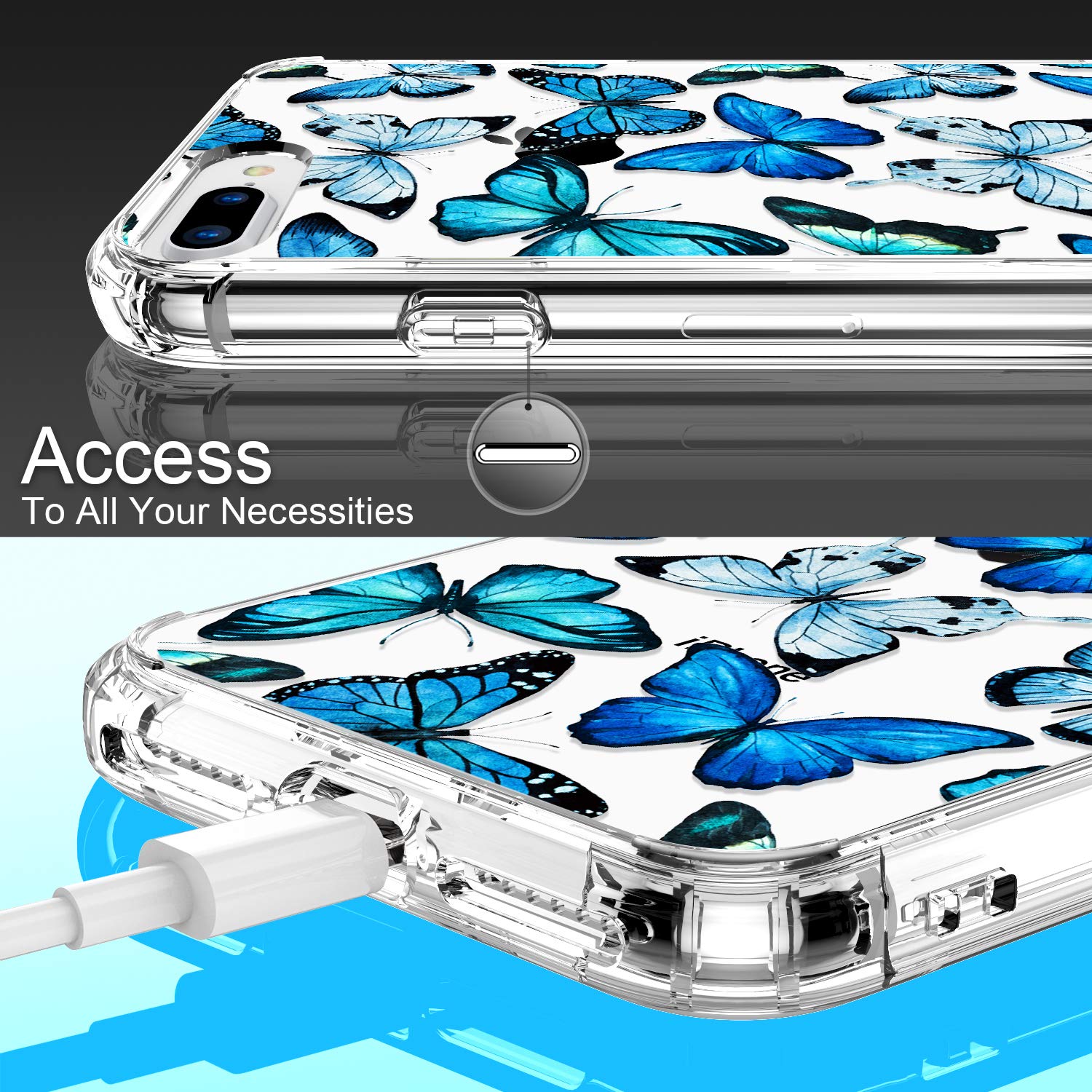 LUHOURI iPhone 8 Plus/7 Plus Case with Screen Protector,Clear Cover with Fashion Cute Designs for Women Girls,Slim Fit Durable Protective Phone Case for Apple iPhone 8 Plus/7 Plus Blue Butterflies