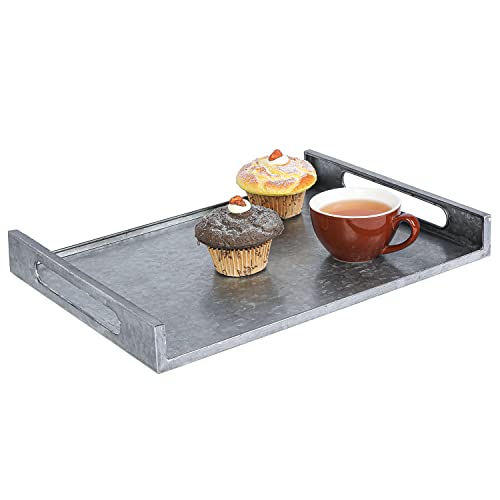 MyGift Rustic Square Silver Galvanized Metal Large Serving Tray with Handles, Tray for Ottoman, Breakfast, Tea, Coffee Table