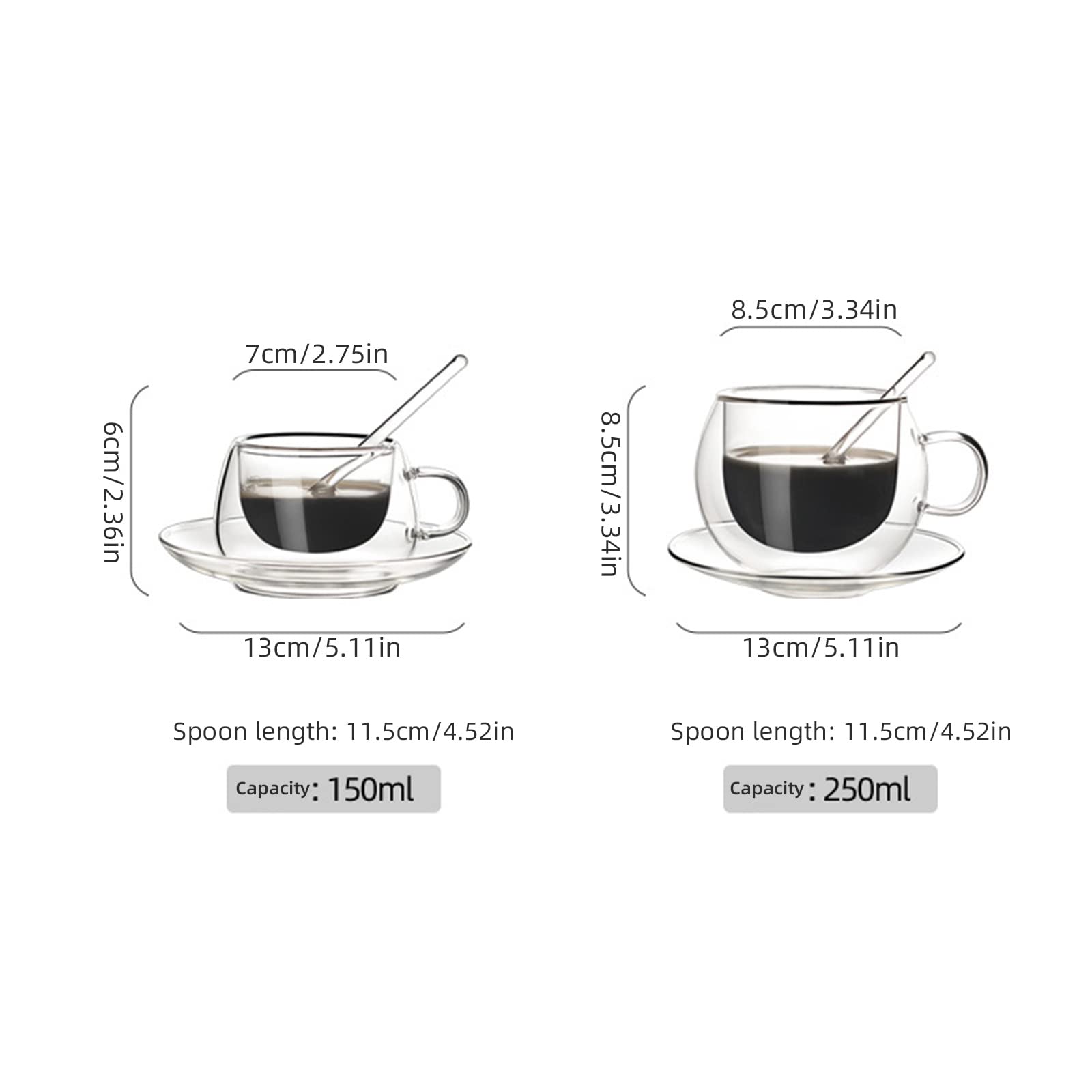 PRTECY Glass Espresso Cups with Saucers and Spoons Set of 2, 5.07/8.45 oz Double Wall Insulated Glass Coffee/Tea Cups Drinking Demitasse Mugs for Cappuccino Latte Tea and More Beverage