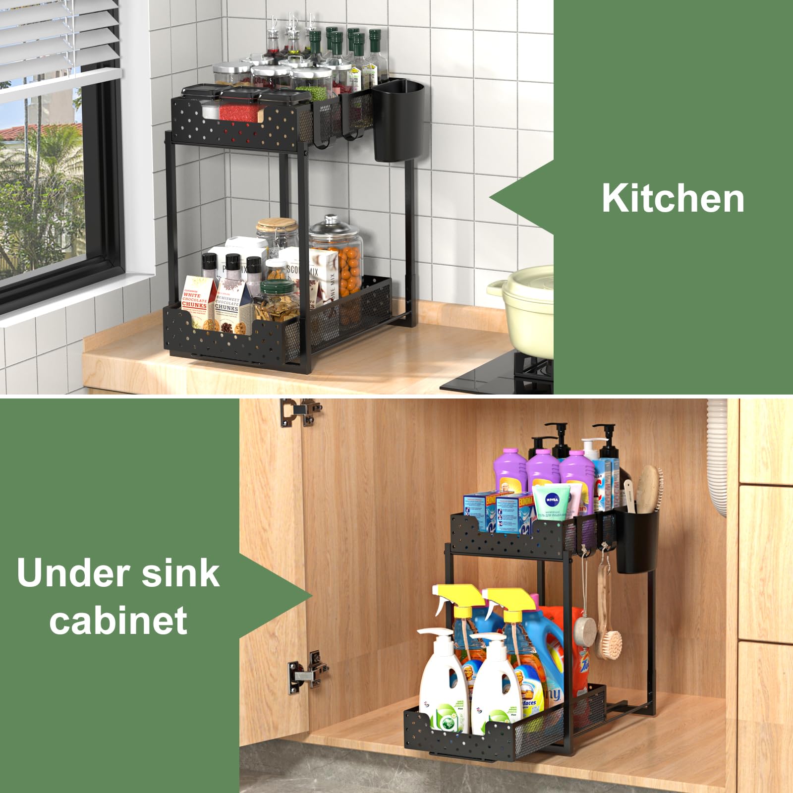 π‘π²ππ²ππ Metal Under Sink Organizer and Storage, Bathroom Cabinet Organizer, 2 Tier Pull Out Under Cabinet Storage, Black Slide-Out Undersink Organizer for Kitchen/Home, Under Counter Organizer