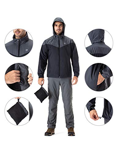 NAVISKIN Men’s Waterproof Rain Jacket Raincoat Hideaway Hood Lightweight Packable Poncho Gray/Black Size L