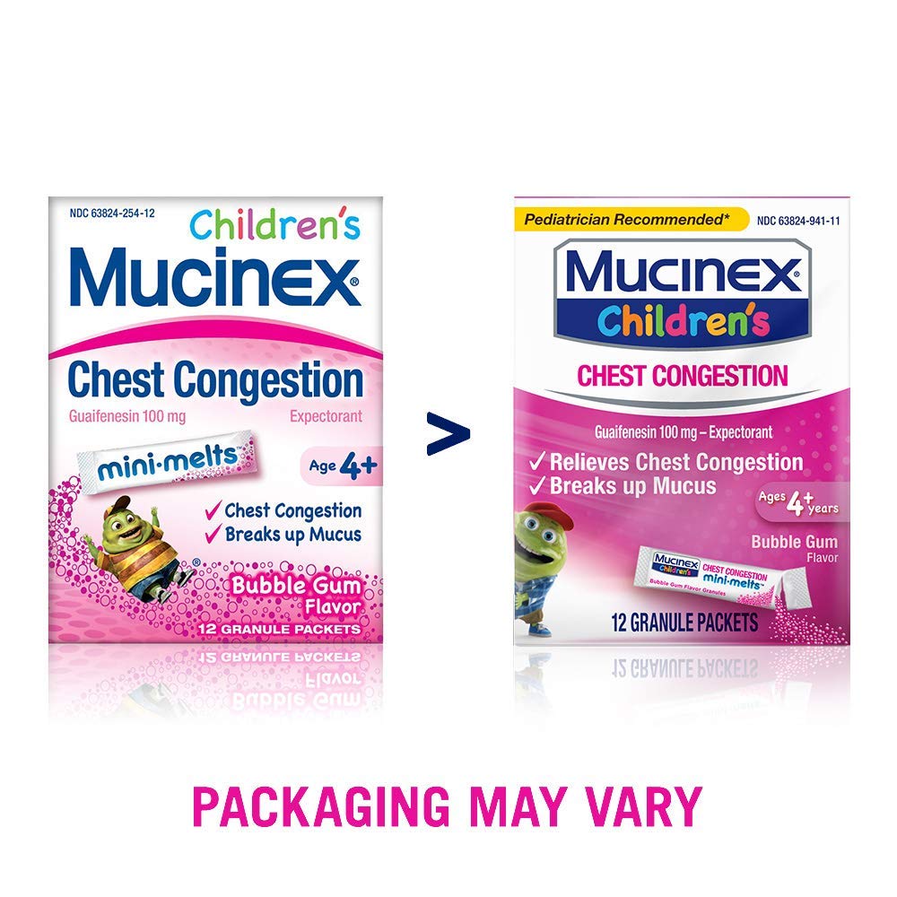 Mucinex Children?s Chest Congestion, Symptom Relief, Expectorant, Bubble Gum Flavor Mini-Melts, 12 Packets (Pack of 4)