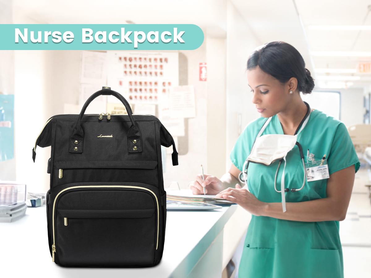 LOVEVOOK Laptop Backpack Women Teacher Backpack Nurse Bags, 17 Inch Womens Work Backpack Purse Waterproof Anti-theft Travel Back Pack with USB Charging Port (Black)