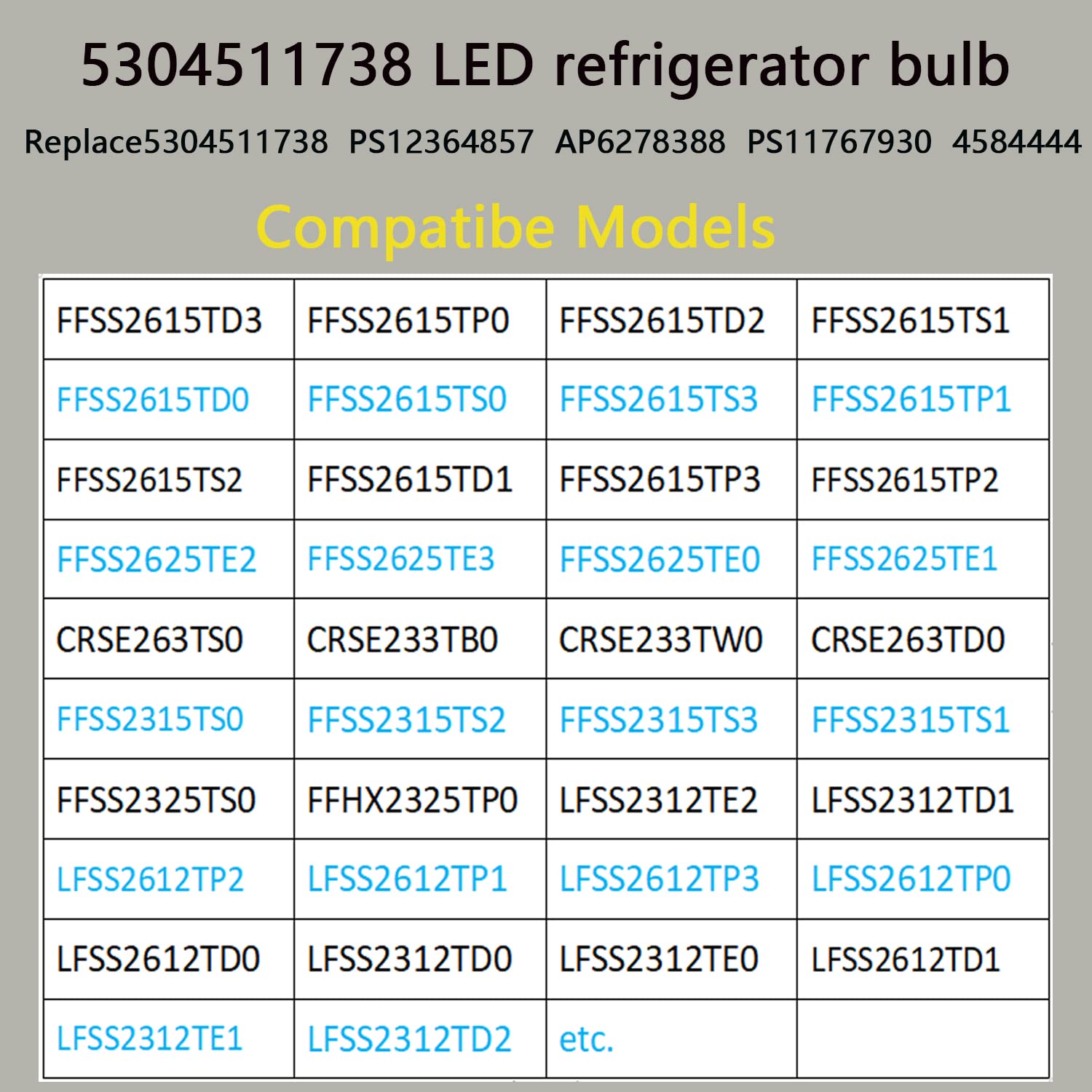 kzfuli 5304511738 LED Refrigerator Light Bulb Replacement AP6278388 PS12364857 Accessories. Compatible with Frigidaire Electrolux and Kenmore Refrigerators. 6500K White Light 3.5W(1Pack)