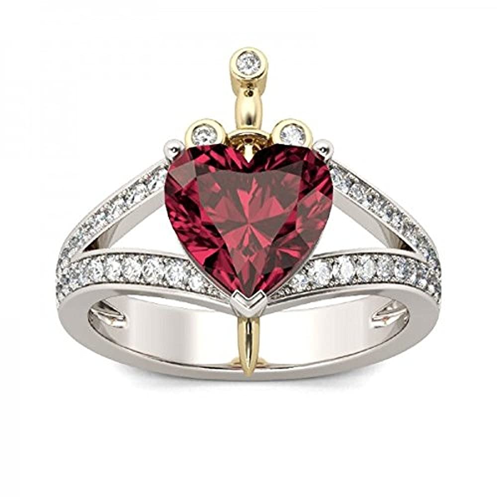RUDRAFASHION Heart & Round Cut Red Garnet & Dia 10K Two-Tone Gold Over Silver Snow White Dagger Engagement Ring For Women's (6.5)