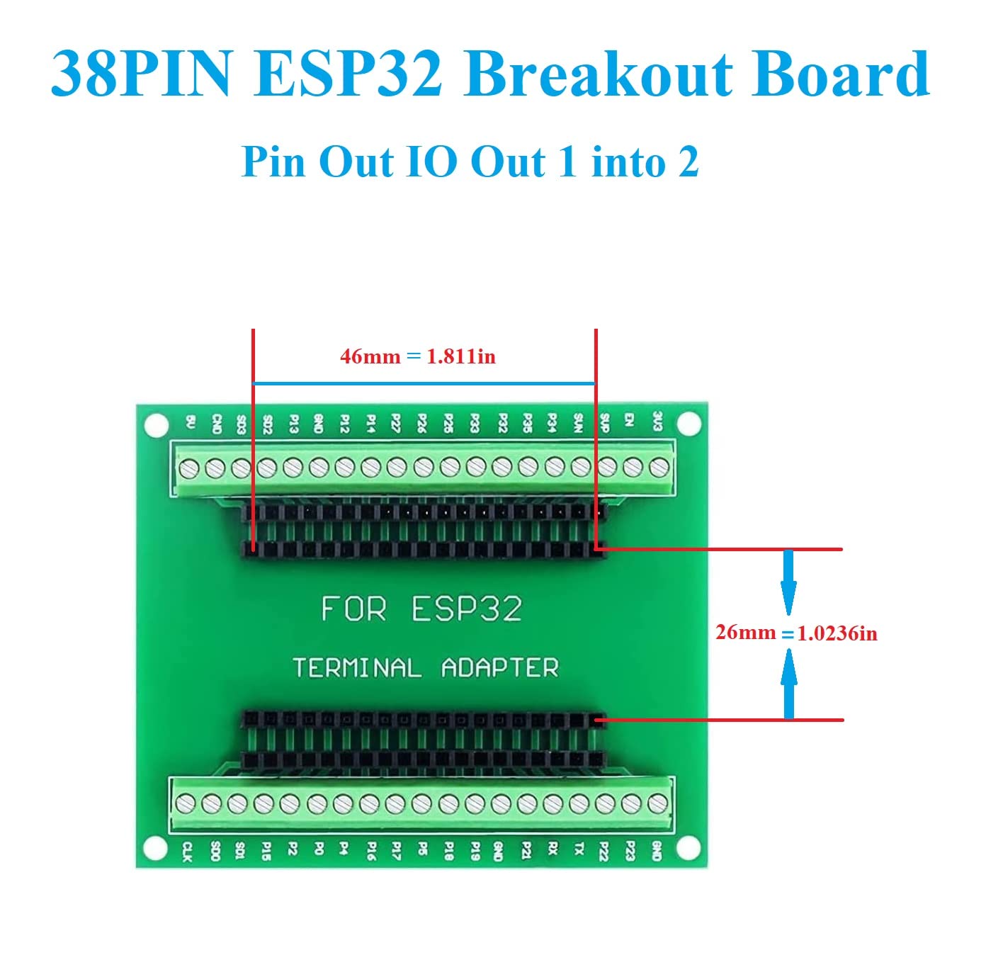 WWZMDiB 3Pcs 38PIN ESP32 Breakout Board Pin Out IO Out 1 into 2 for ESP32 Development Board(Pin spacing: 2.5cm / 1 in) (1Pcs)