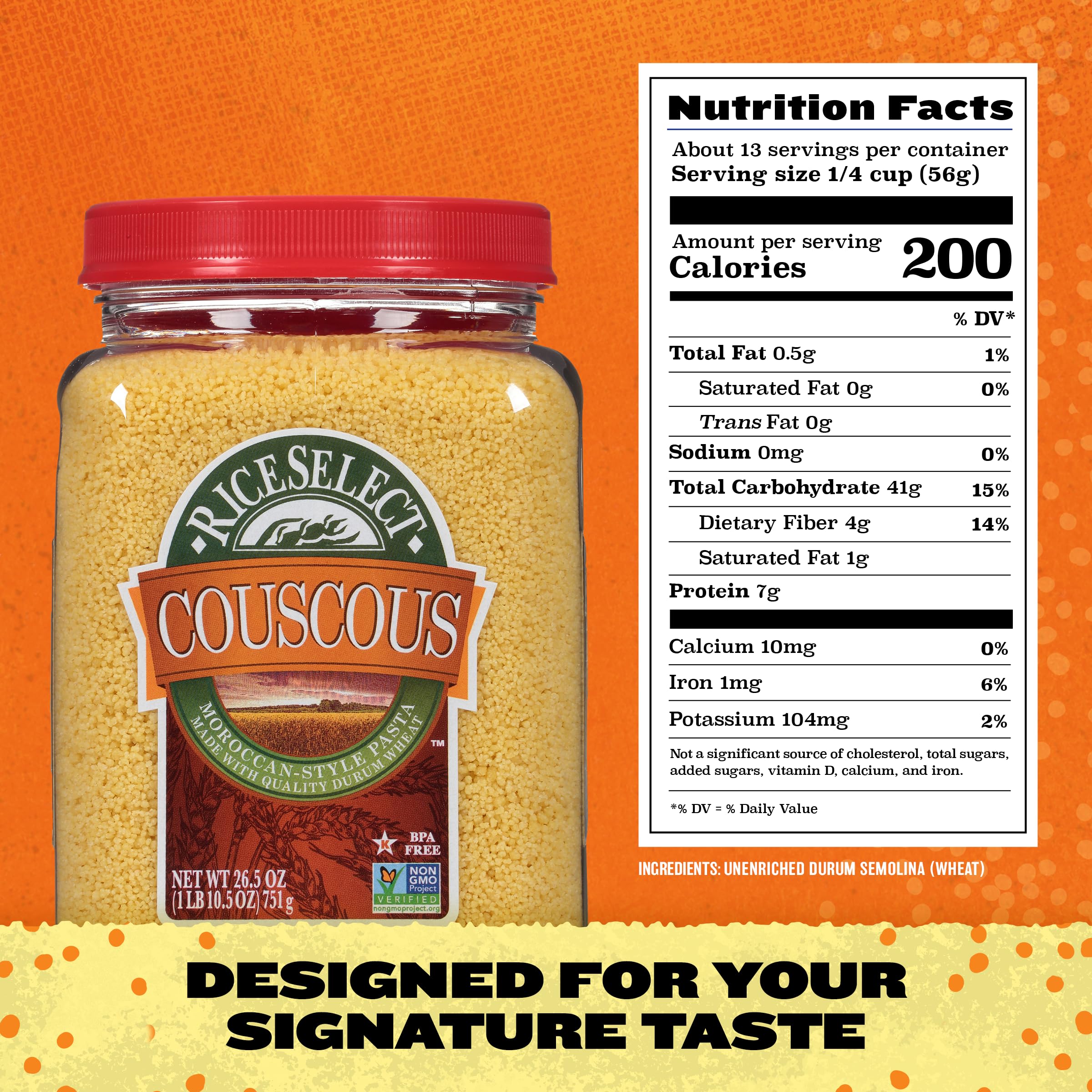 RiceSelect Couscous, Moroccan-Style Wheat Couscous Pasta, Non-GMO, 26.5-Ounce Jar, (Pack of 1)