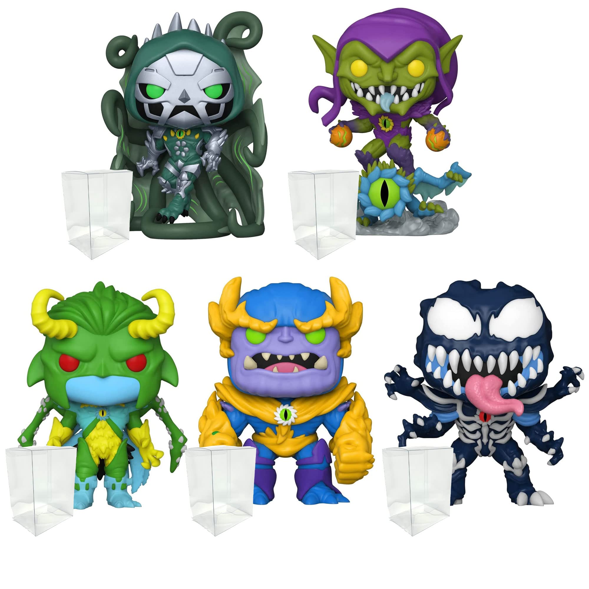 Marvel: Monster Hunters Set of 5 with Protector Bundle β includes Dr. Doom, Green Goblin, Loki, Thanos and Venom Vinyl Figures with Blue Salamander Emporium Plastic Protector Cases
