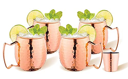Royalty Art Moscow Mule Mugs - Set of 4 Copper Mugs with Shot Glass - 16oz Classic Cups for Home, Kitchen, and Bar