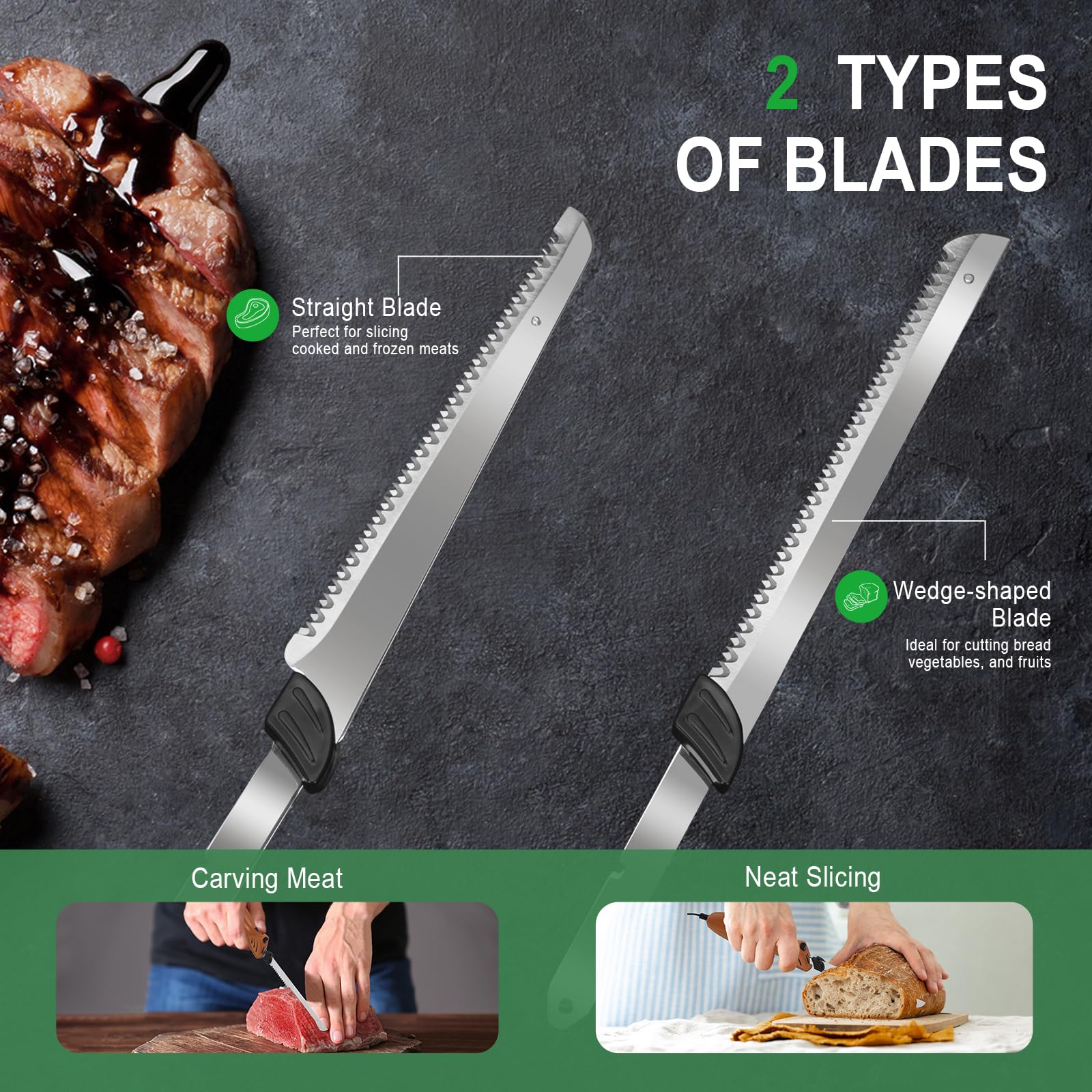 Zuplo Electric Knife - Electric Carving Knife for Meat Slicing, Bread Slicing, Ergonomic Handle with 2 Stainless Steel Blades for Sliced Meat & Bread(Faux Leather Texture)