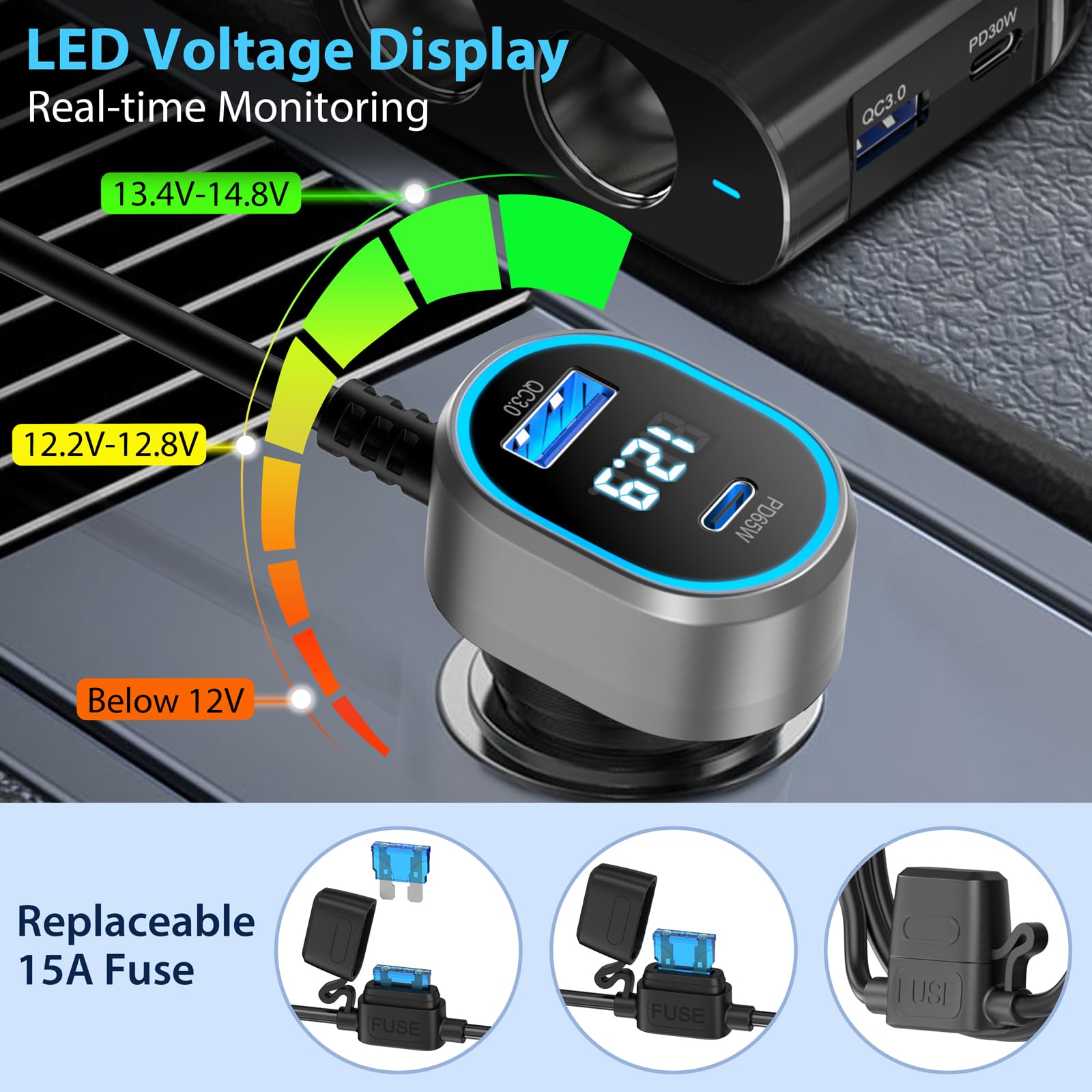 Qidoe 200W 12V/24V Car Power DC Outlet Splitter adapter [Upgraded Version] Quick Charge 3.0 and PD65W USB-C Cigarette Lighter Splitter