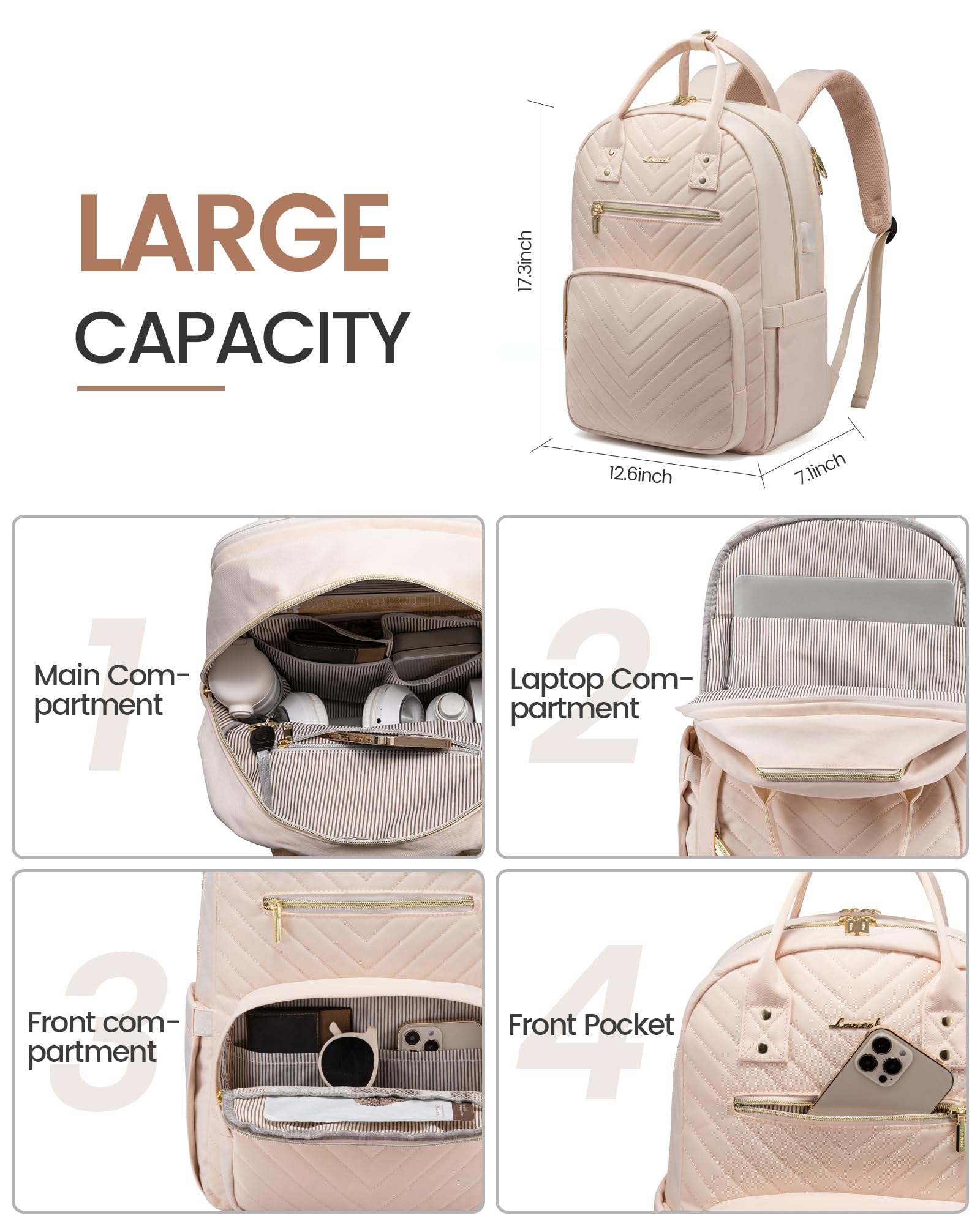 LOVEVOOK Laptop Backpack for Women, Large Capacity Travel Backpack with Luggage Strap, Stylish Women Backpack with USB Port, Waterproof Quilted Work Backpack for Business Casual Black