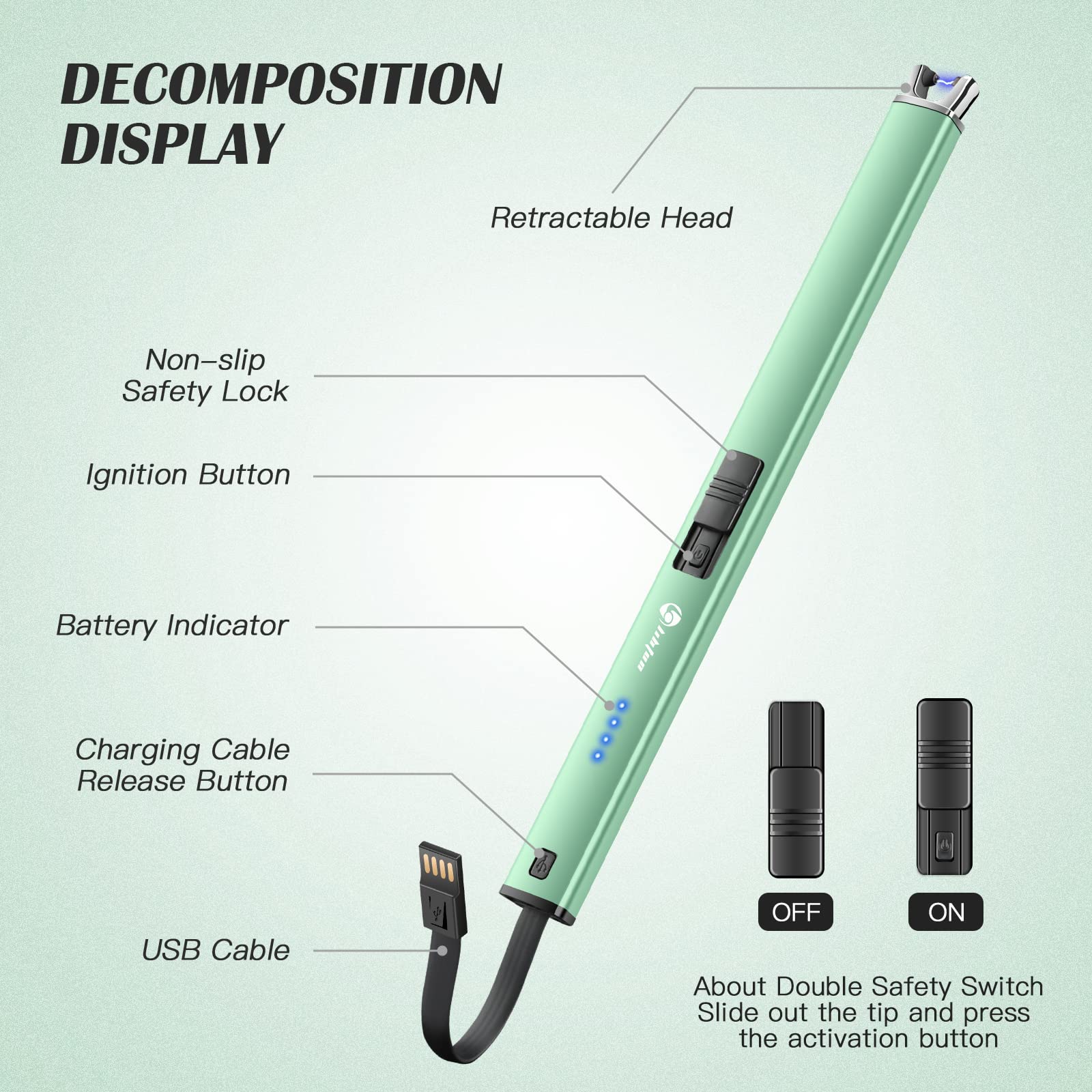 LIHTUN Candle Lighter, Windproof Electric Lighter with LED Battery Display Safety Lock, Flameless Rechargeable Lighter with Built-in USB Cable, Plasma Arc Long Lighter for Candle BBQ Camping Lighters