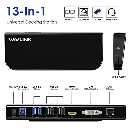 WAVLINK USB Laptop Docking Station Dual Monitors, DisplayLink Computer Dock for M1 M2 Mac and Windows, ChromeOS, Ubuntu 20.04/22.04 (HDMI & HDMI/DVI/VGA, 6xUSB Ports, LAN, Audio)