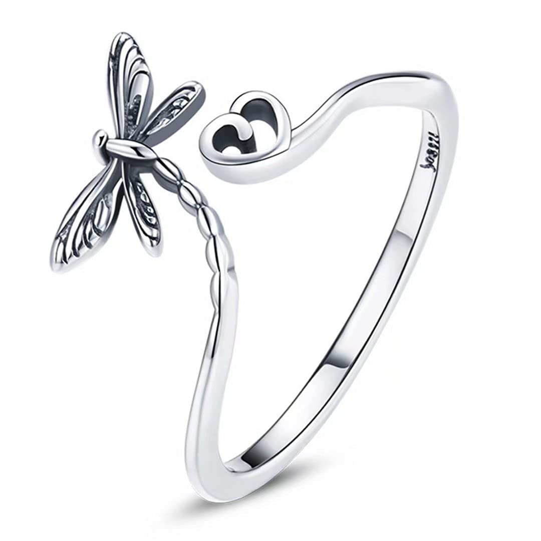 Qings Dragonfly Sterling Adjustable Ring: Silver Ring Women Dragonfly Open Heart Animal Simple Cute Finger Ring Wedding Jewelry for Women