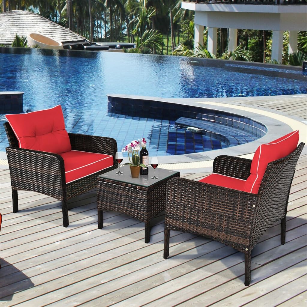 LIUJUN 3PCS Outdoor Rattan Conversation Set Patio Furniture Cushioned Sofa Chair Red
