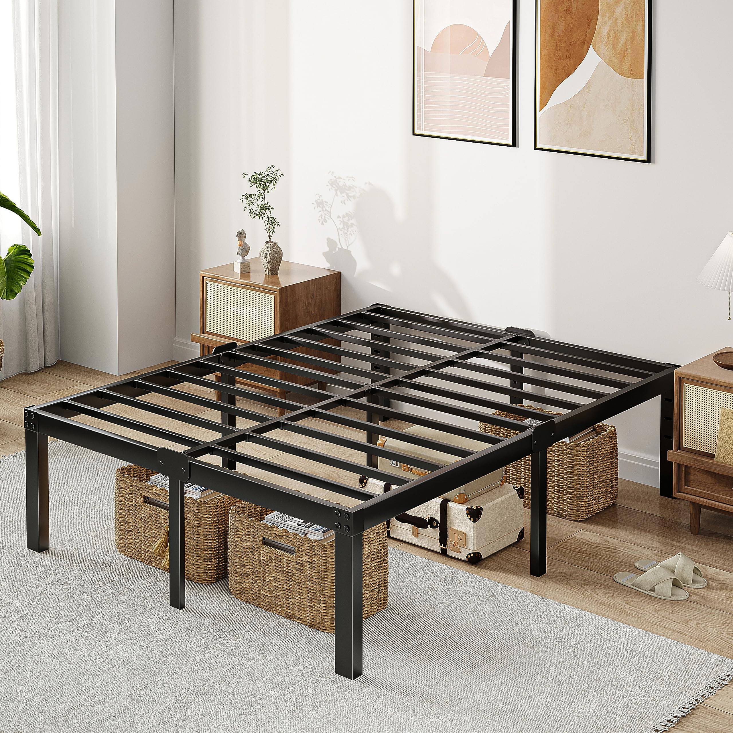 LIJQCI 16 inch Queen Bed Frame Platform Heavy Duty Metal with Storage No Box Spring Needed Noise Free Tall Sturdy Steel Slats Support