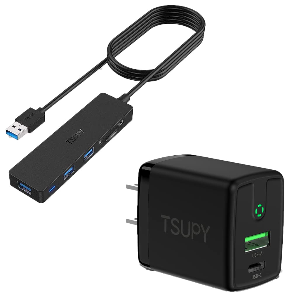TSUPY USB 3.0 Hub Multi USB Data HUB with 4ft/48inch Extended Cable,SD/TF Card Reader & 3 USB 3.0 Ports,USB C Wall Charger 20W