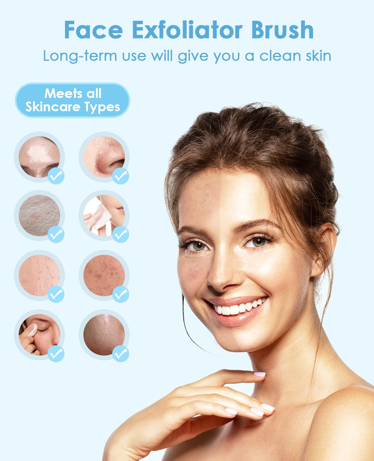 Sonic Silicone Face Scrubber for Sensitive Skin Waterproof Electric Facial Cleansing Brush with Base, Jack&Rose Inductive Charging Face Exfoliator Brush—Sky Blue