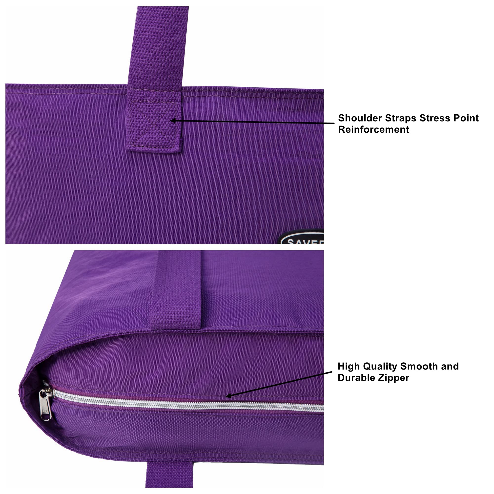 SAVERRY Foldable Zipper Closure Large Tote Bag Nylon Water Resistant Shopping Travel Gym Toy Bag Sandproof Beach Bag