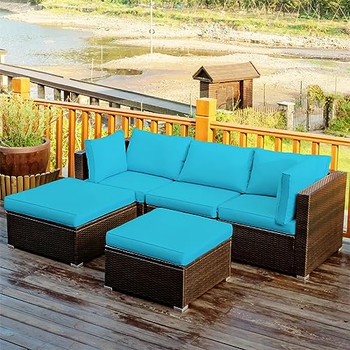 LIUJUN 5PCS Patio Rattan Furniture Set Sectional Conversation Set Ottoman Turquoise