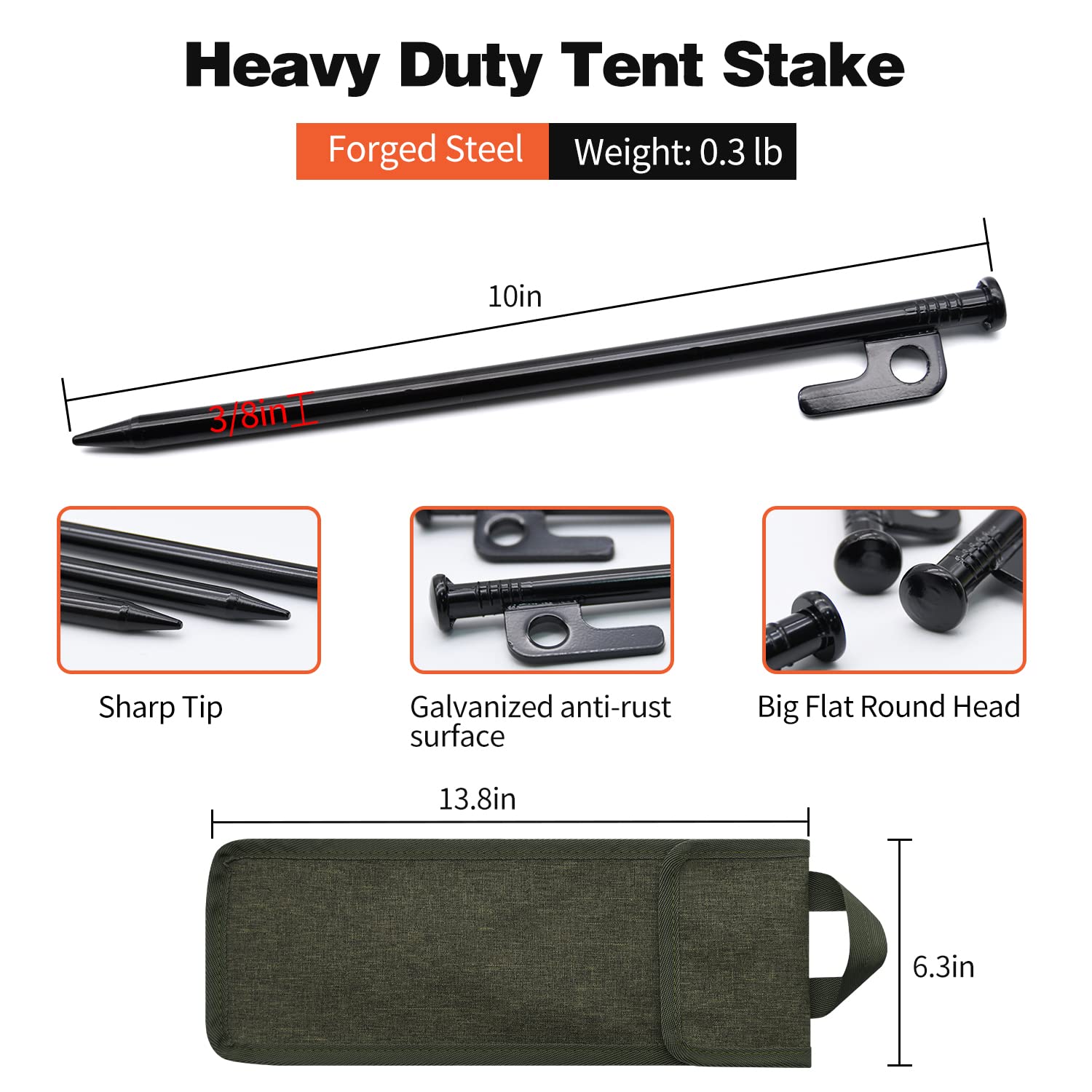 Tent Stakes, 4 Pack 10in Heavy Duty Tent Stakes + Carrying Bag, for Rocky Place Dessert Snowfield and Grassland (4 Pack 10in Stakes)