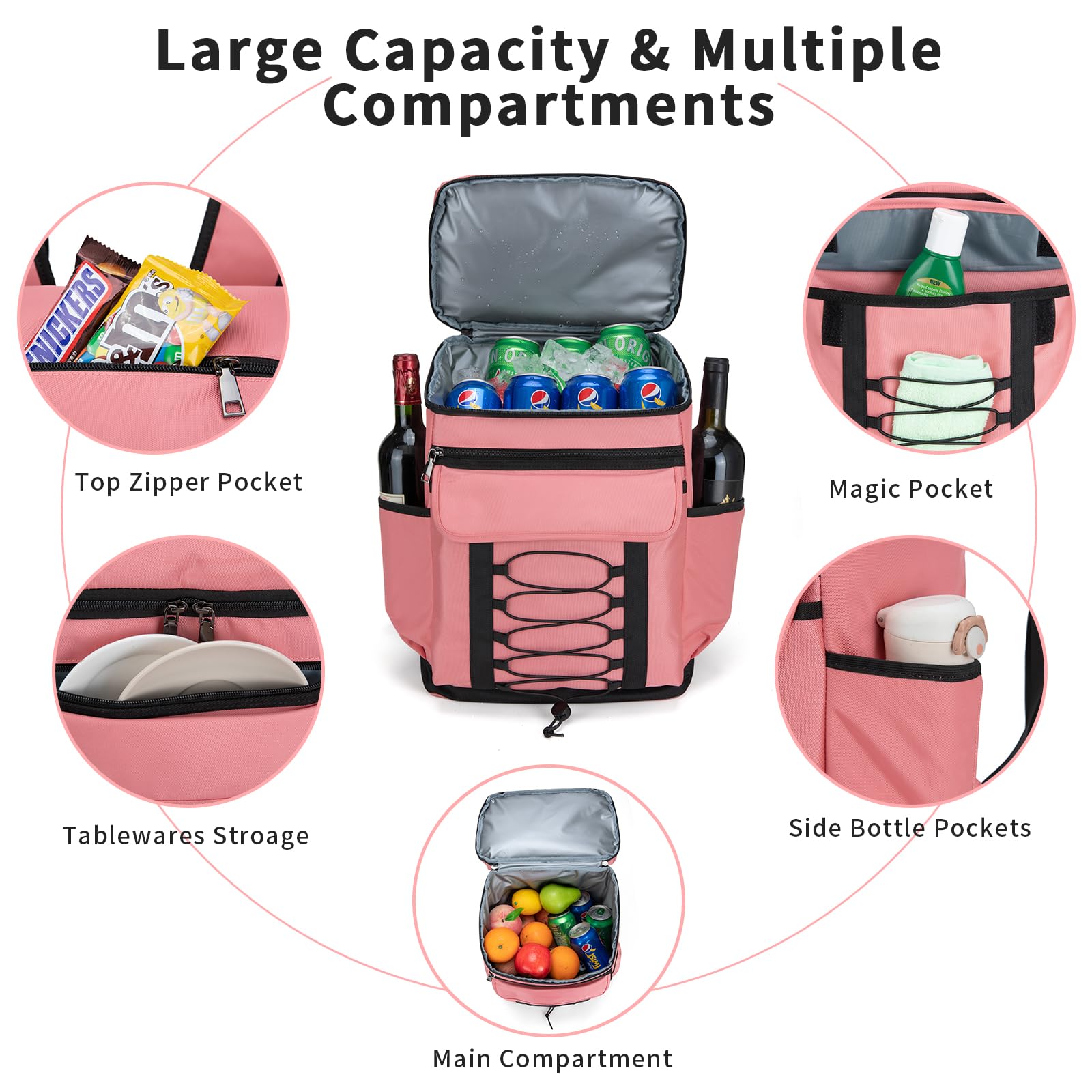 Seyfocnia Backpack Cooler, 25L Capacity, Pink, PVC Material, Insulated, Leakproof, Travel, Camping, Lunch, Hiking