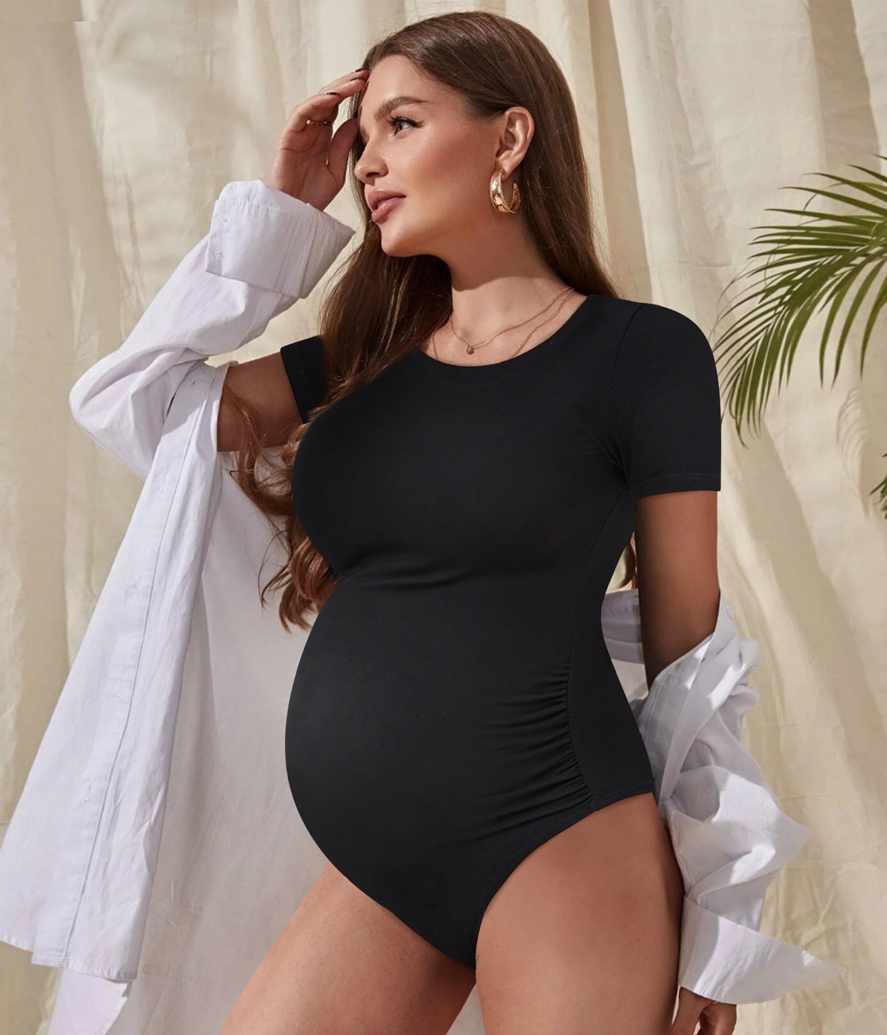 Likeonce Maternity Jumpsuits One Piece Bodysuit Pregnancy Shapewear for Photoshoot Soft Tank Top Onesie Ruched Sides Shirt