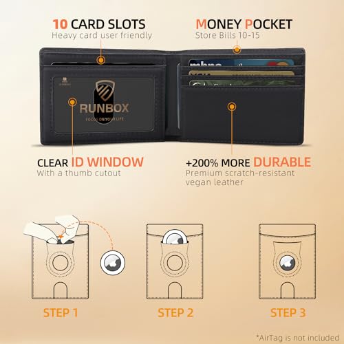 RUNBOX AirTag-Wallet-Mens-Slim-RFID Blocking Wallets Leather with Bill Compartment Air Tag Bifold Card Holder Wallet Gifts for Men Dad