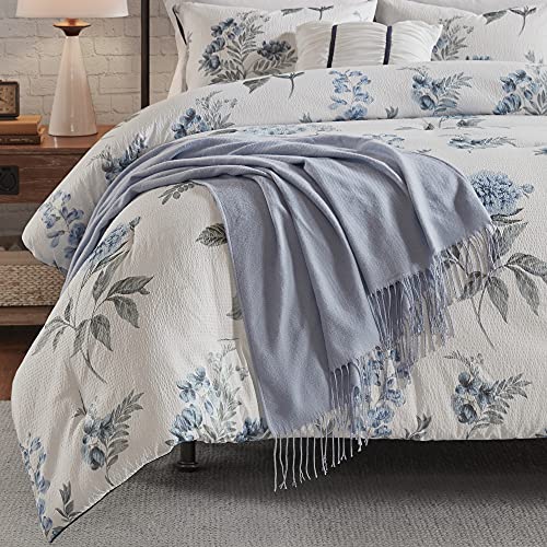 Madison Park Zennia Farmhouse Comforter Set with Throw-Blanket, Floral Print on Seersucker Textures, All Season Bedding, Matching Shams, Toss Pillows, Full/Queen(90"x90"), Blue 7 Piece