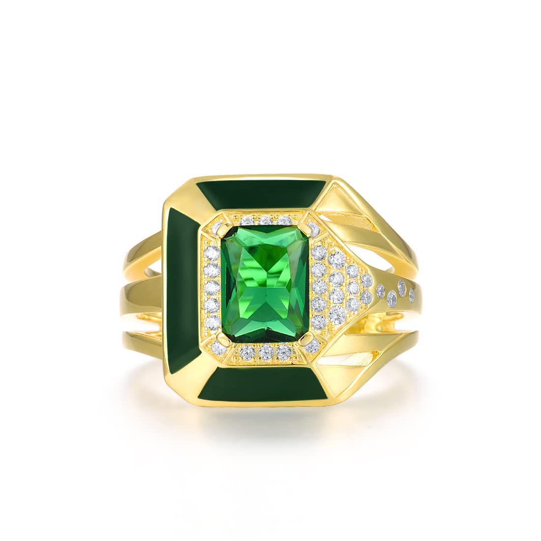 Santuzza 925 Sterling Silver Emerald Cut Green Glass Solitaire Rings Gold Plated White CZ Black Enamel Ring for Women (6)