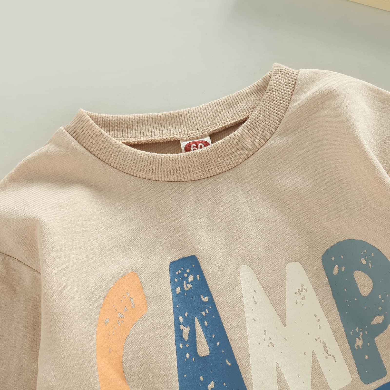 Lamuusaa Newborn Baby Girl Boy Clothes Camp Crewneck Sweatshirt Shirts Long Sleeve Romper Oversized Sweater Fall Tops 0-18M (Khaki, 6-12 Months)