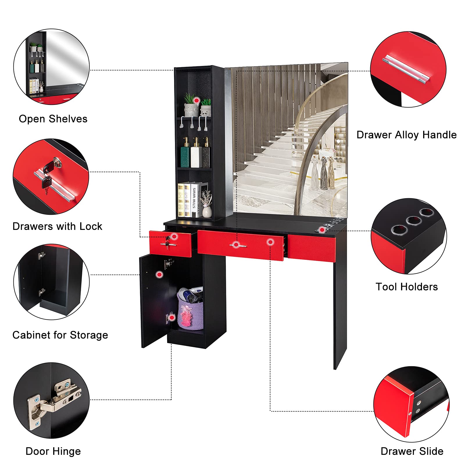 Mefeir Wall Mount Hair Styling Barber Station with Support Leg & Mirror,Hair Salon Equipment, Spa Furniture Set Red & Black