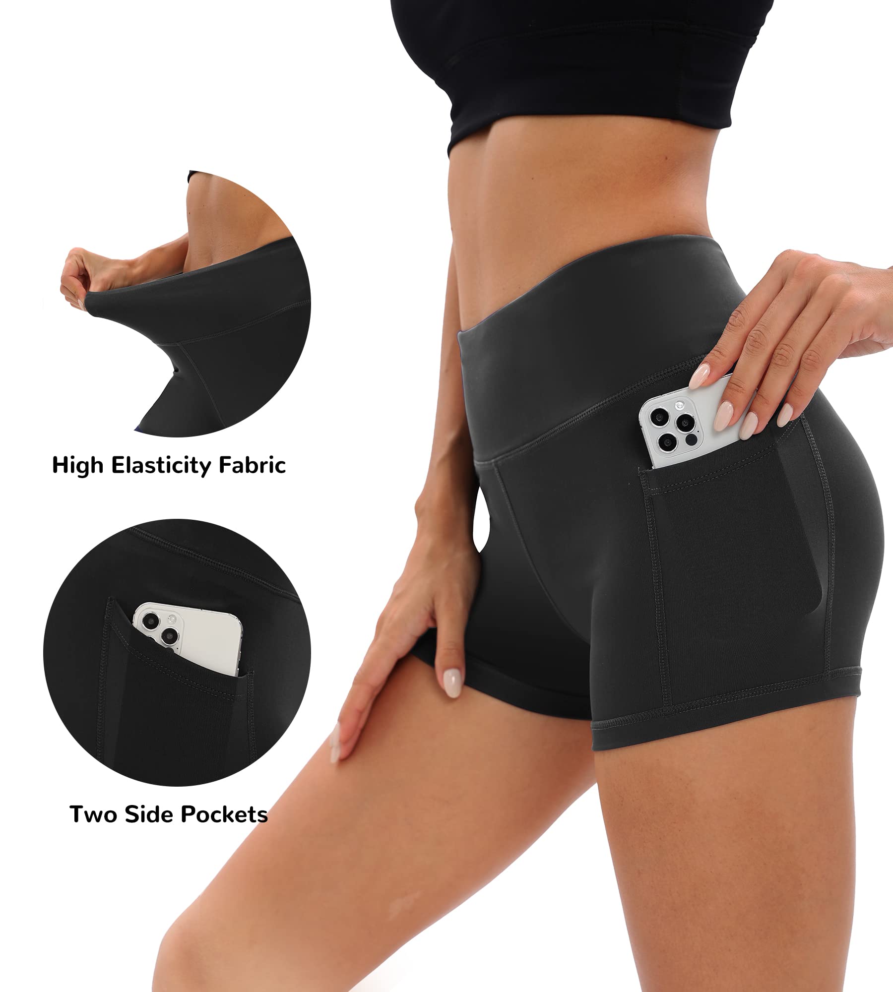 Runhit 3 Inch Running Shorts for Women High Waisted Yoga Shorts with Side Pockets Tummy Control Workout Gym Compression Shorts Black XL