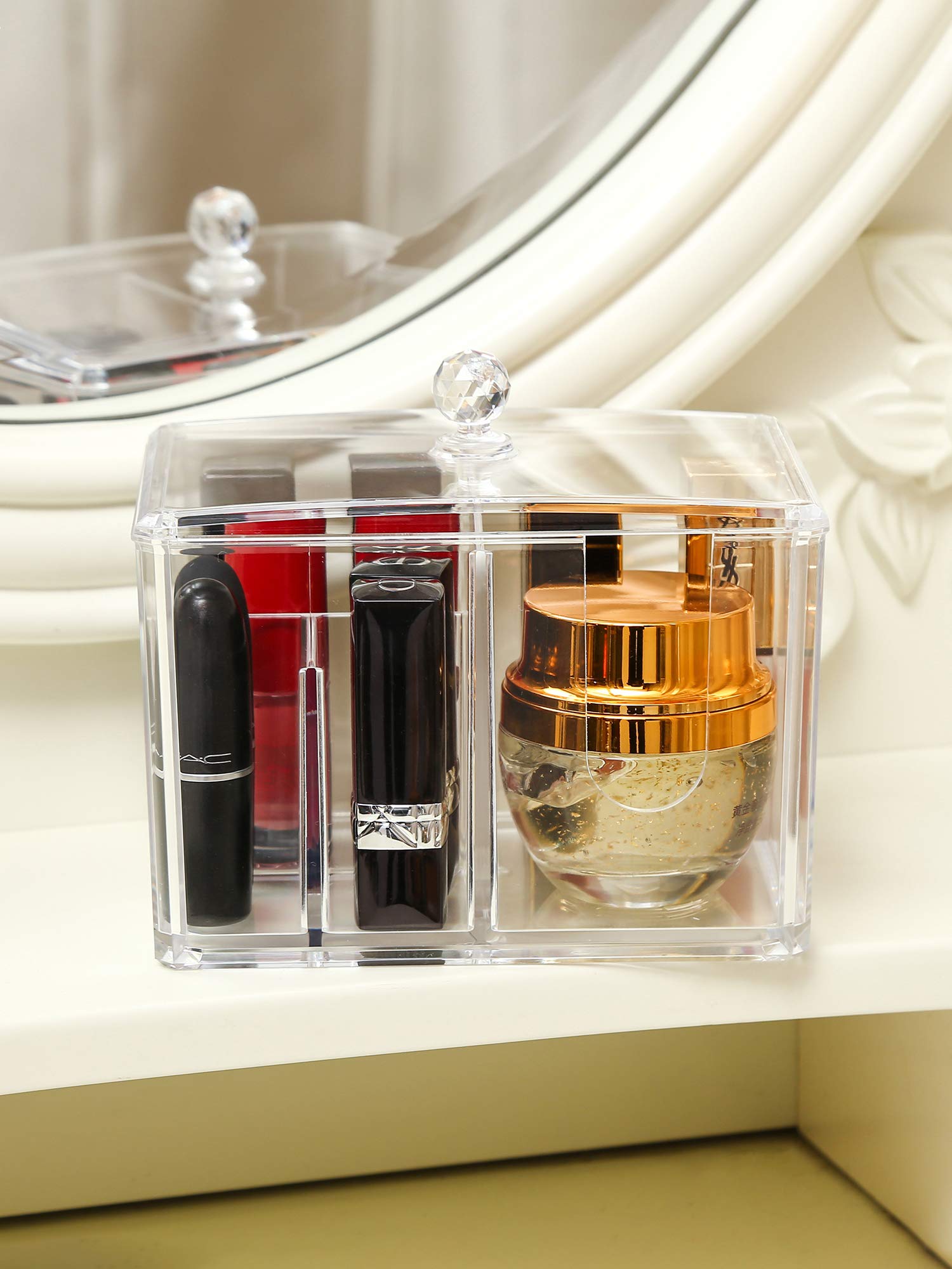 MOOCHI Q-Tips Cotton Swab Holder Makeup Pads Sponge Lipstick Container with Lid Acrylic 2 Trays Bathroom Bedroom Organizer
