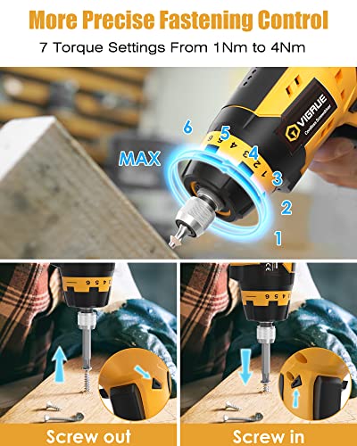 VIGRUE Cordless Screwdriver, Rechargeable Electric Screwdriver with 45 Free Accessories, Battery Indicator, 7 Torque Setting, 2 Position Handle with LED Light, Flexible Shaft