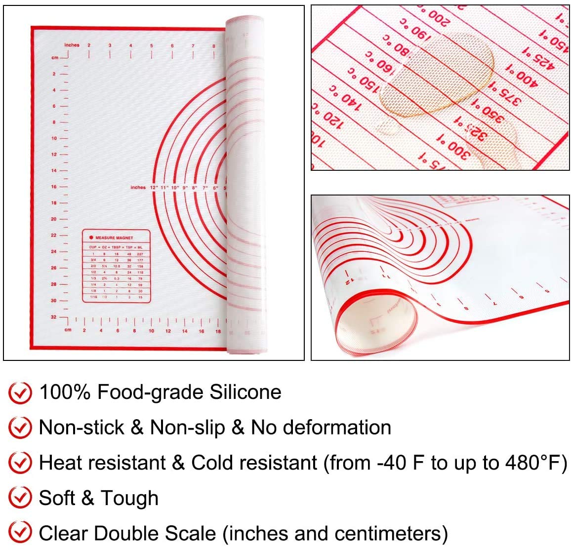 Silicone Pastry Mat Extra Large, 32" x 24" Non-stick Baking Mat with Measurement Kneading Board for Dough Rolling, Non-slip Counter Mat, Oven Liner, Fondant/Pie Crust Mat