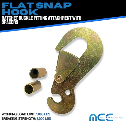 Mega Cargo Control Flat Snap Hook w/Spacers Replacement Ratchet Fittings | for Ratchet Buckles and Tie Down Straps | Secure Hooks in Tow Truck Trailer (8-Pack)
