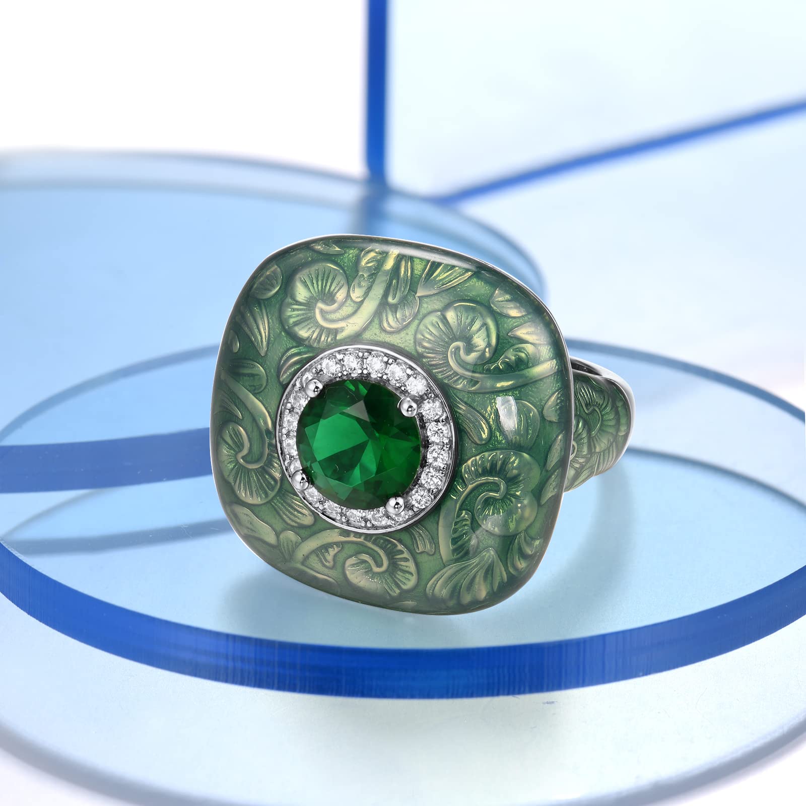 Santuzza 925 Sterling Silver Cushion Ring Enamel Green Glass Cubic Zirconia Vintage Ring for Women (7)