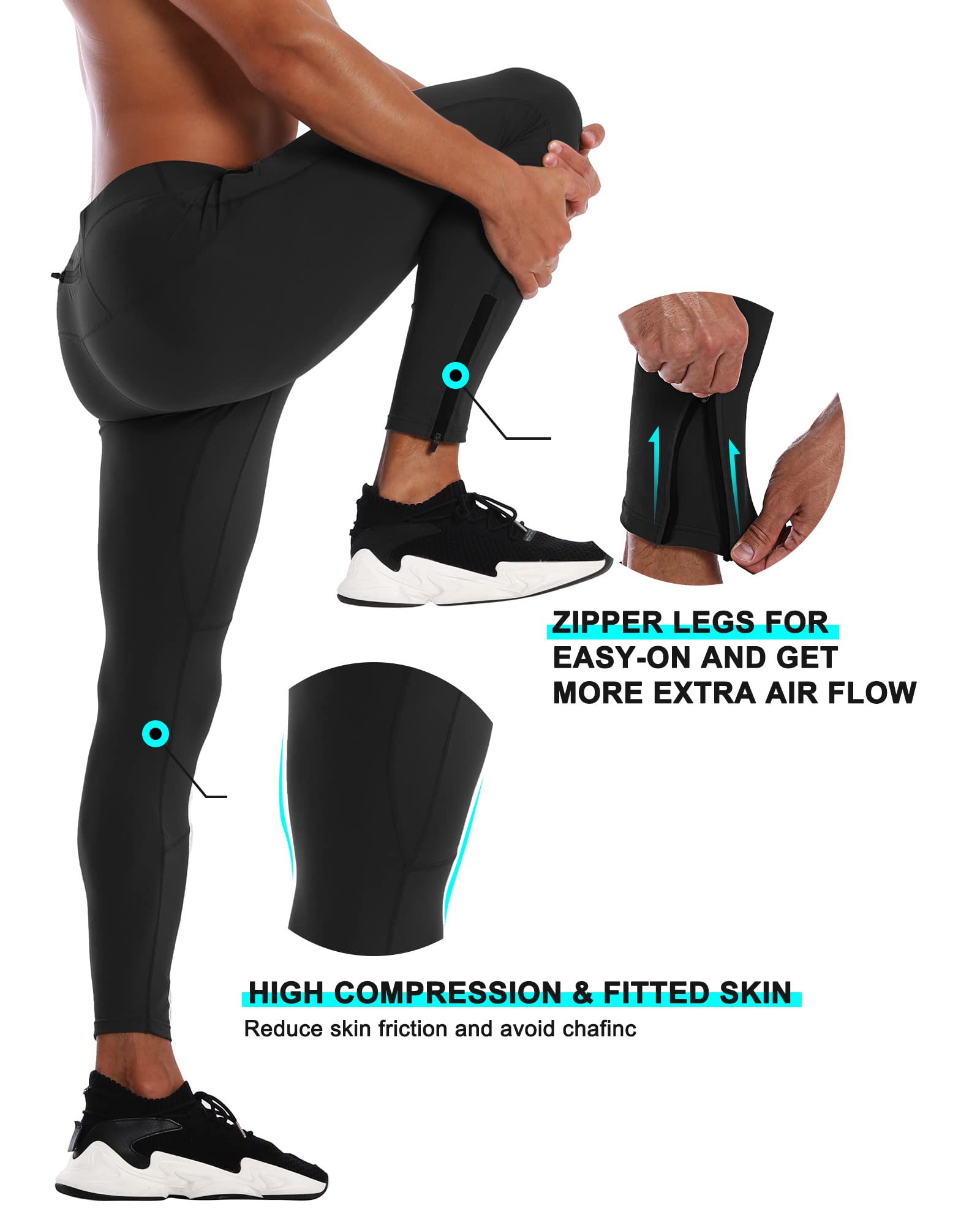 Runhit Compression Pants Men with Zipper Pocket Running Pants Tights Leggings Men's Cycling Pants Thermal Yoga Workout Athletic Black Medium