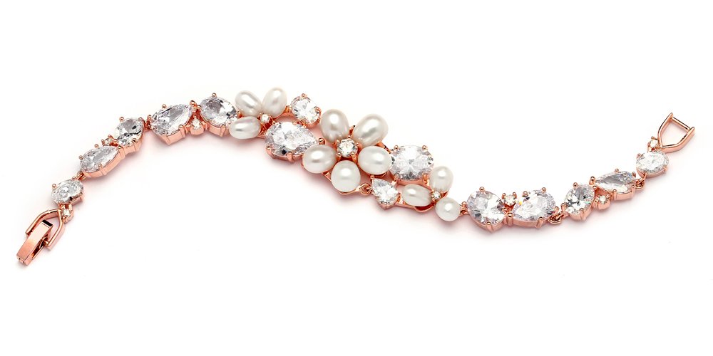 Mariell Pink Rose Gold Plated Cubic Zirconia Crystal Cultured Freshwater Pearl Bridal Wedding Bracelet