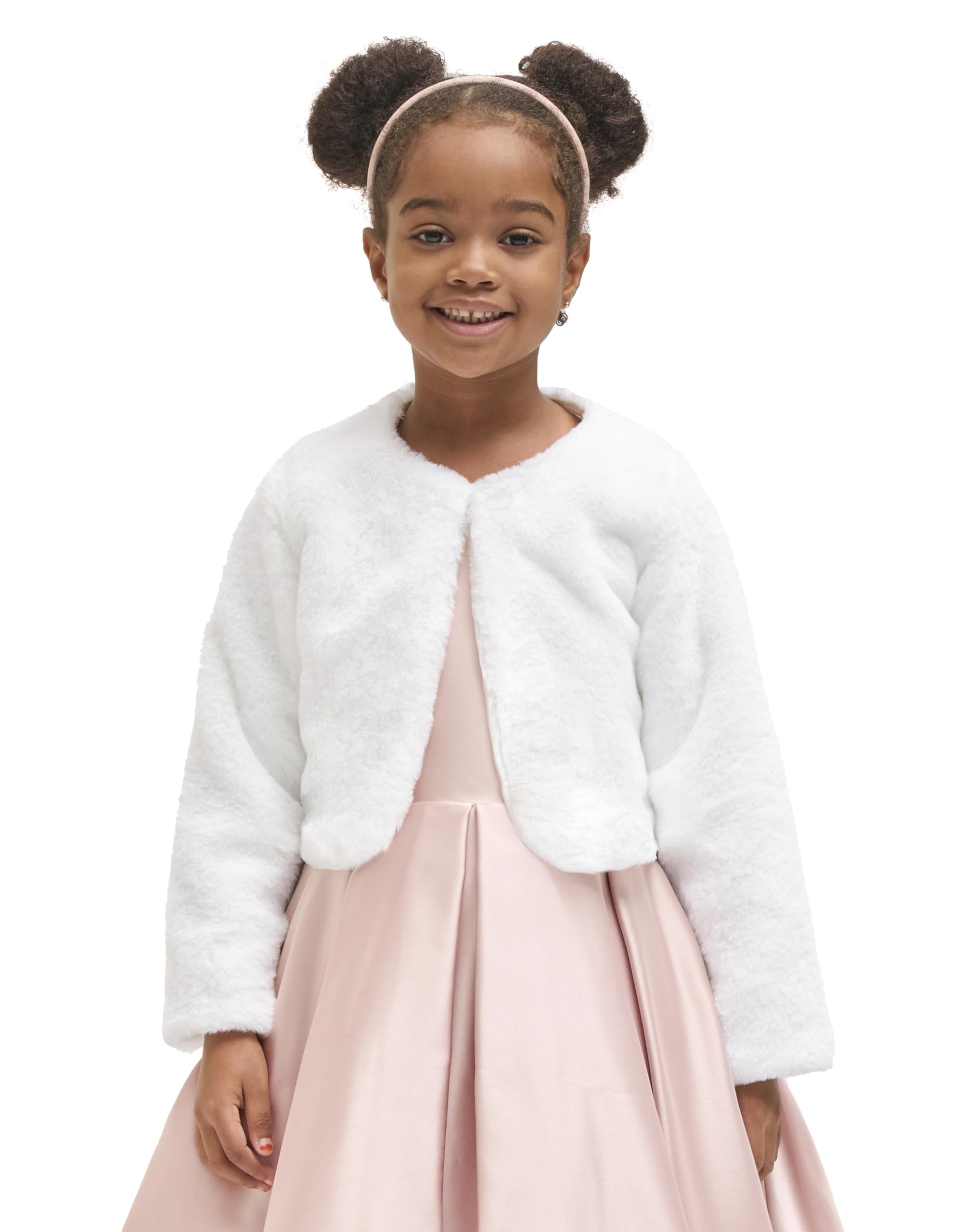 Lilax Girls Cozy Faux Fur Bolero Shrug Long Sleeve Crew Neck Dress Coat 5T White